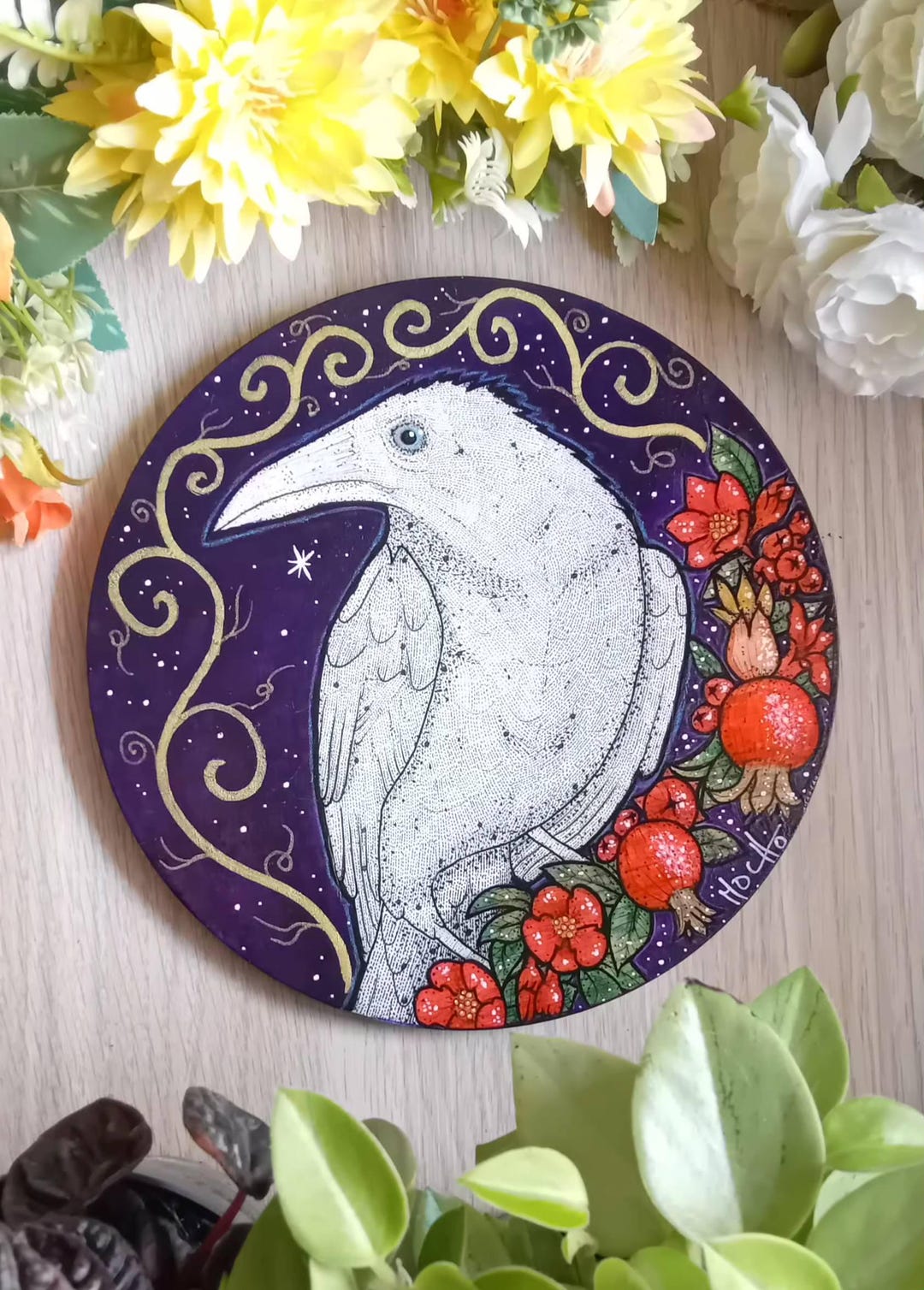White Raven Art, Original Art, Hand Drawn, Wood Wall Hanging, Animal ...
