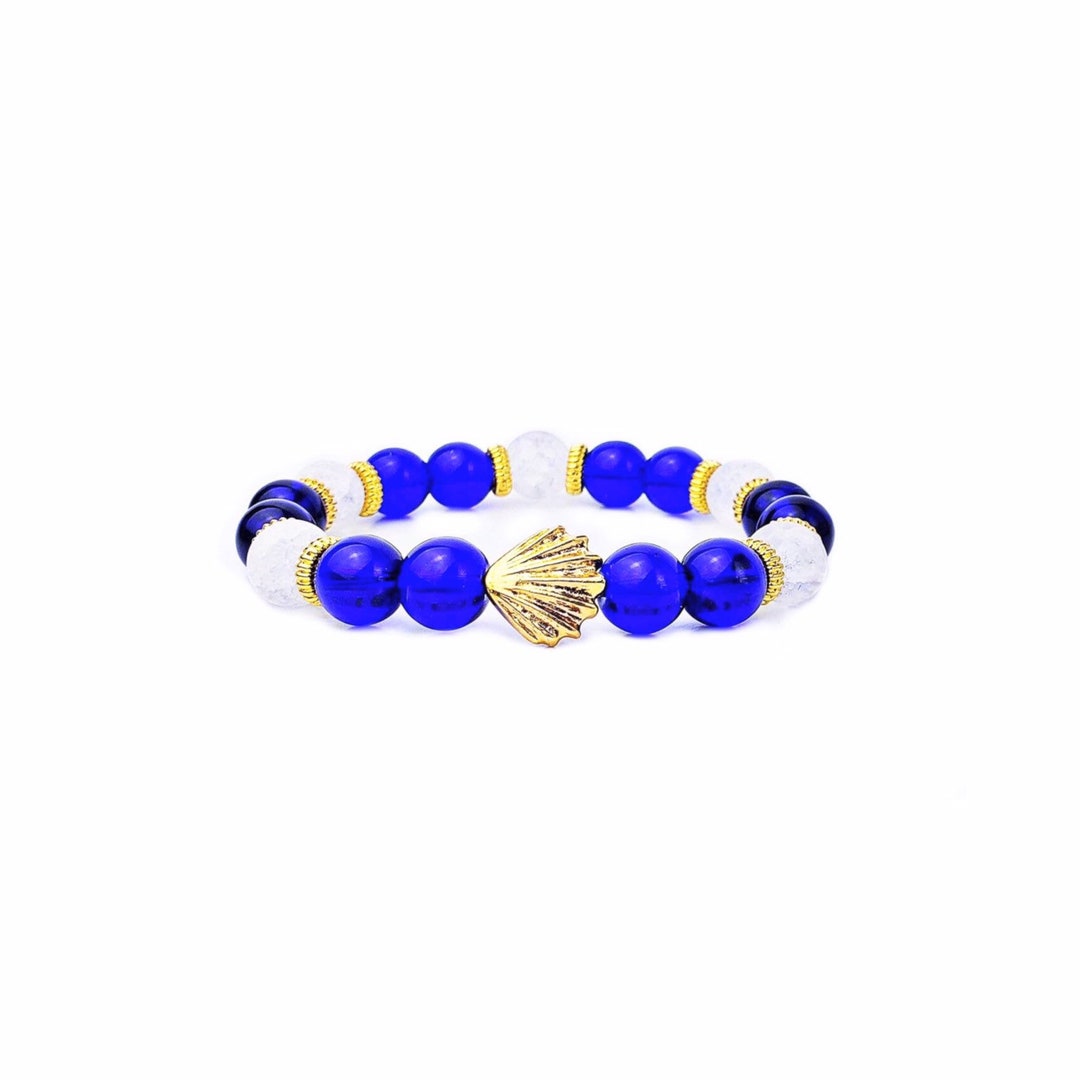 Gold Shell Bead Bracelet| Cobalt Blue White Crackle Quartz Gemstone ...