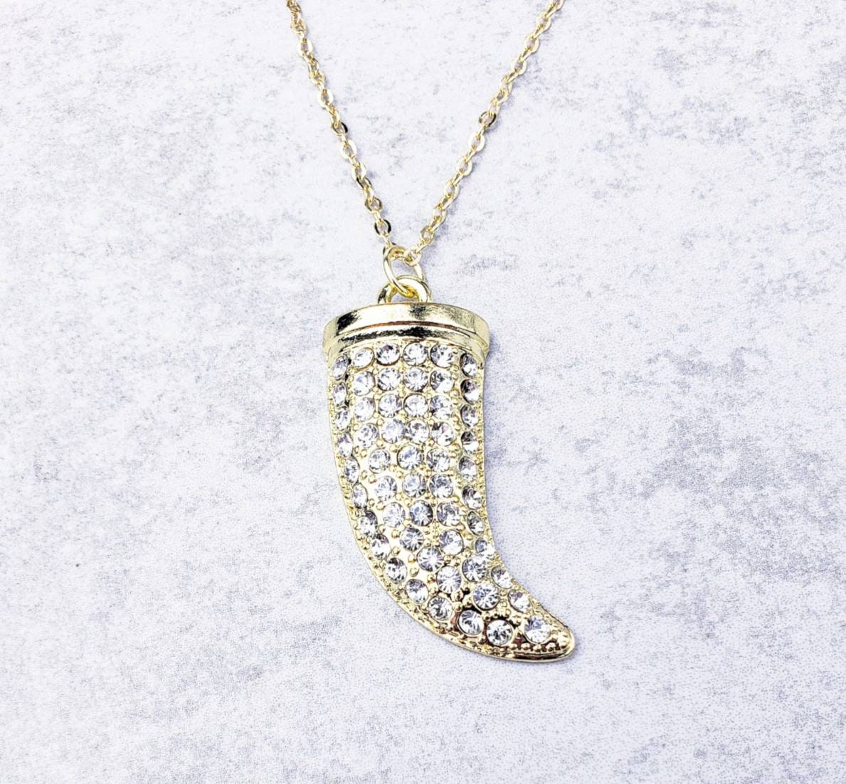 Gold Rhinestone Tusk Pendant Necklace| Long Gold Pendant Necklace| Gold ...