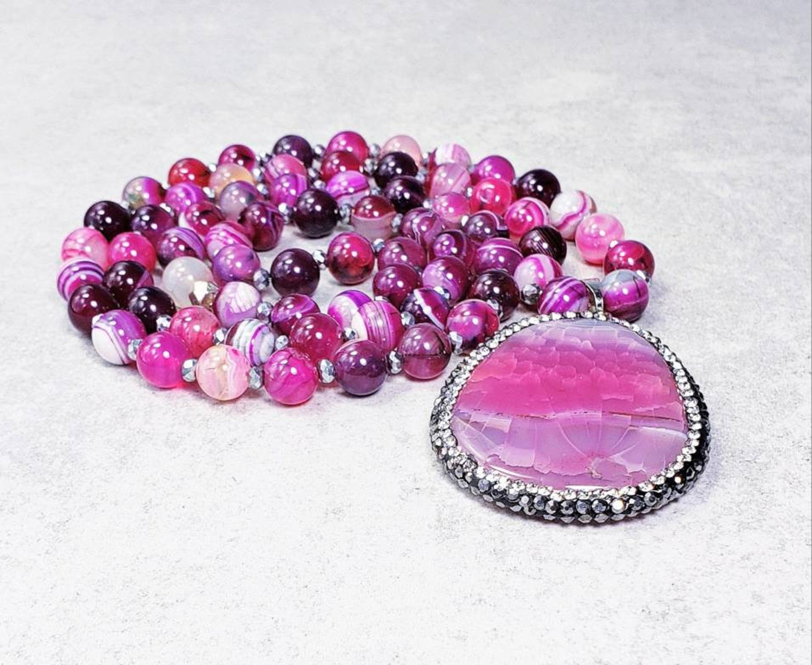Pave Fuchsia Pink Agate Stone Pendant Necklace Pink Purple - Etsy