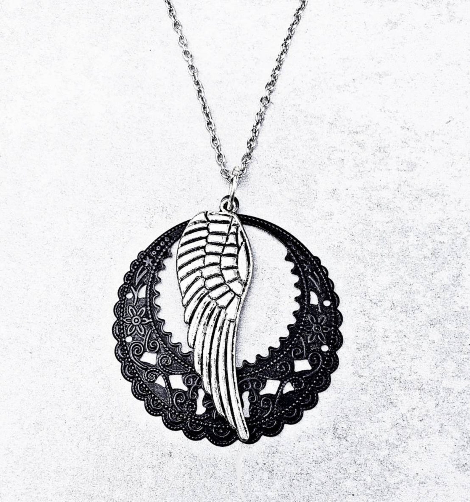 Silver Angel Wing Pendant Necklace | Black Filigree Circle - Etsy
