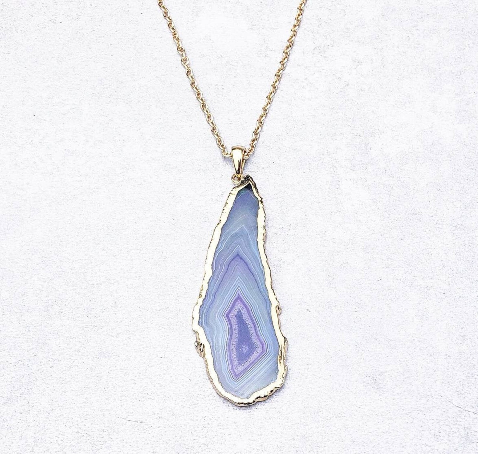 Gold Purple & Blue Agate Stone Slice Pendant Necklace| Long Gold ...