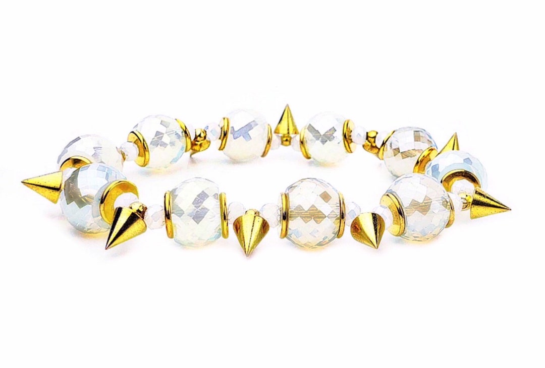 GOLD SPIKED Bracelet Faceted Opal Crystal Beaded Bracelet Gold Spikes ...