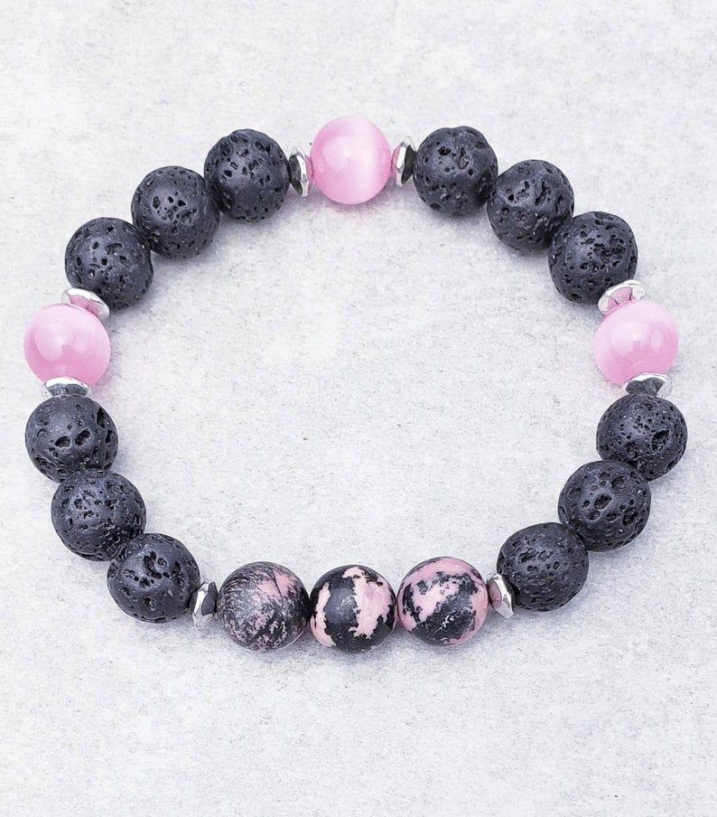 Diffuser Bracelet| Black Lava Stone Bracelet| Pink Cat Eye Pink and ...