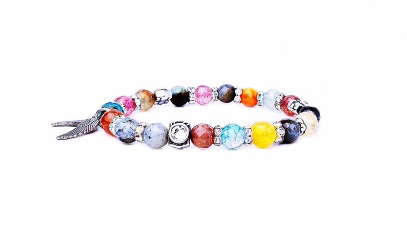 Multicolored Agate Gemstone Bracelet Silver Angel Wing Charm - Etsy
