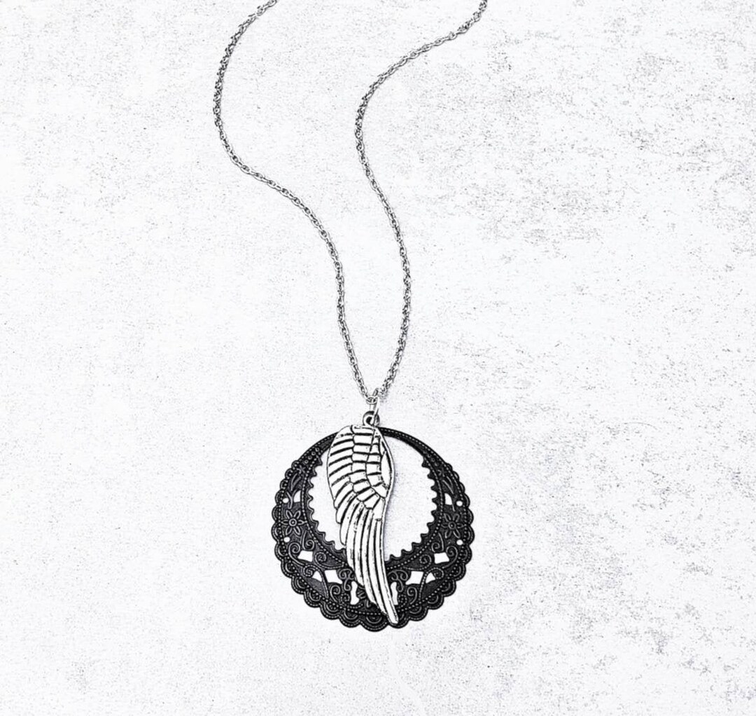 Silver Angel Wing Pendant Necklace | Black Filigree Circle - Etsy