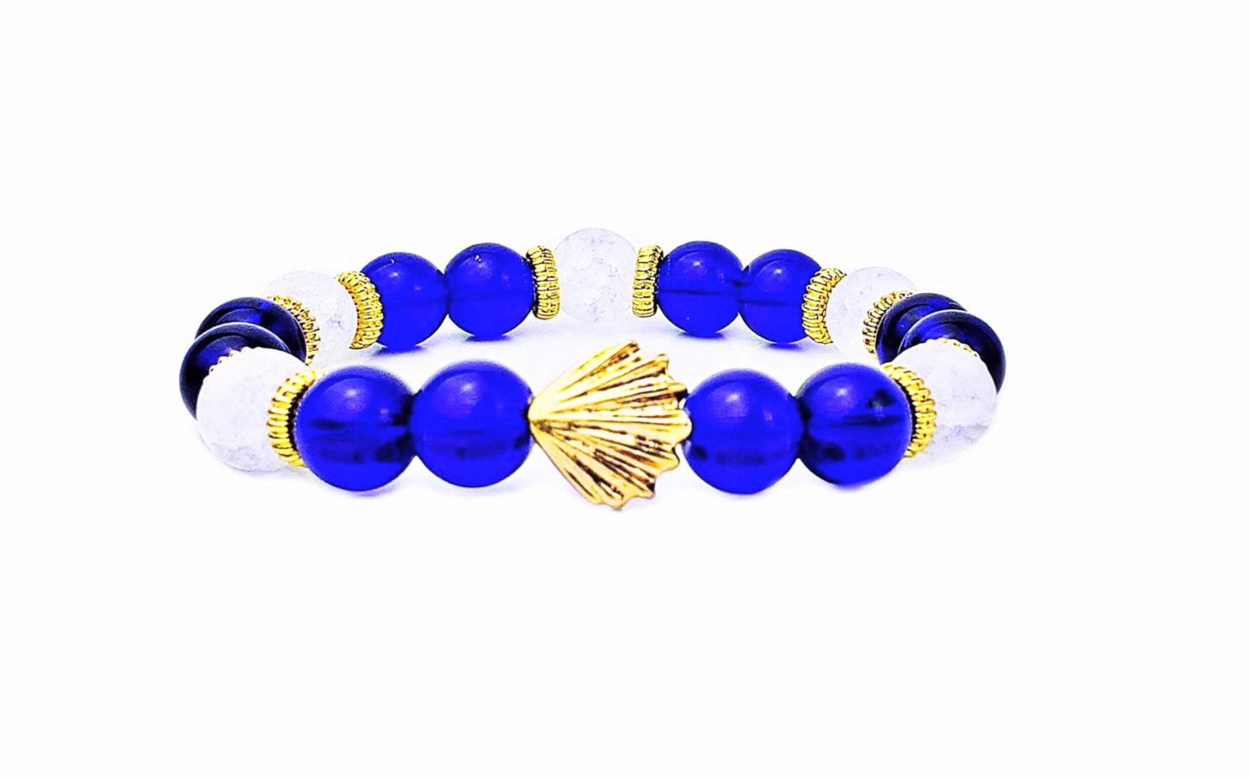 Gold Shell Bead Bracelet| Cobalt Blue White Crackle Quartz Gemstone ...