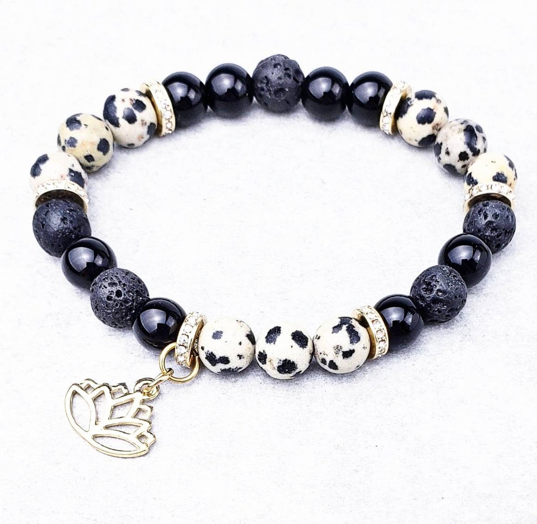 Diffuser Bracelet Black Lava Stone Bracelet Gold Symbolic Lotus Charm Bracelet Dalmatian Jasper ...