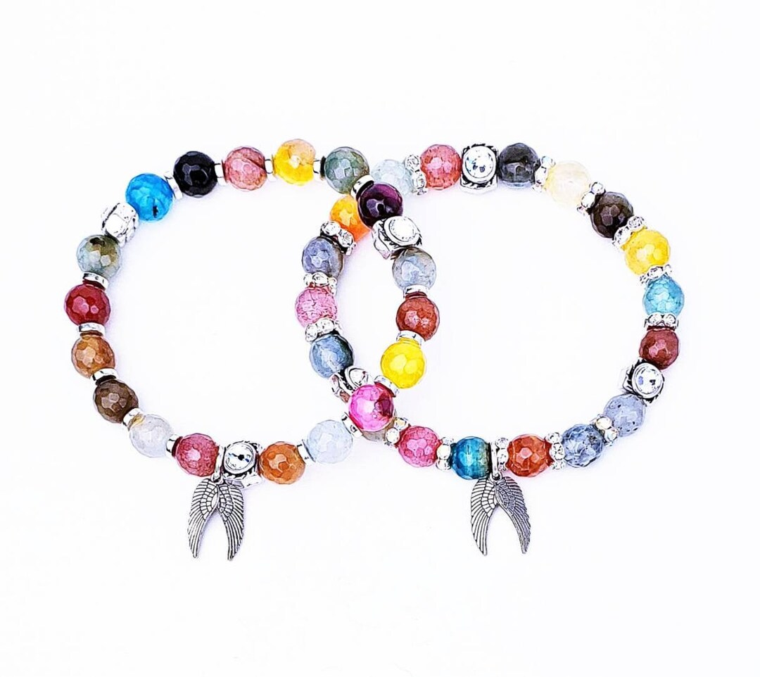 Multicolored Agate Gemstone Bracelet Silver Angel Wing Charm Bracelet ...