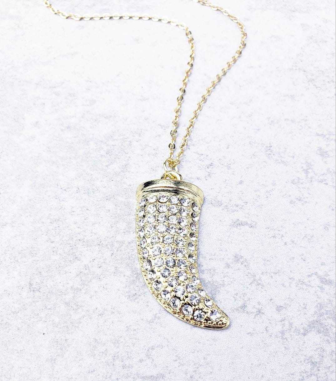 Gold Rhinestone Tusk Pendant Necklace| Long Gold Pendant Necklace| Gold ...