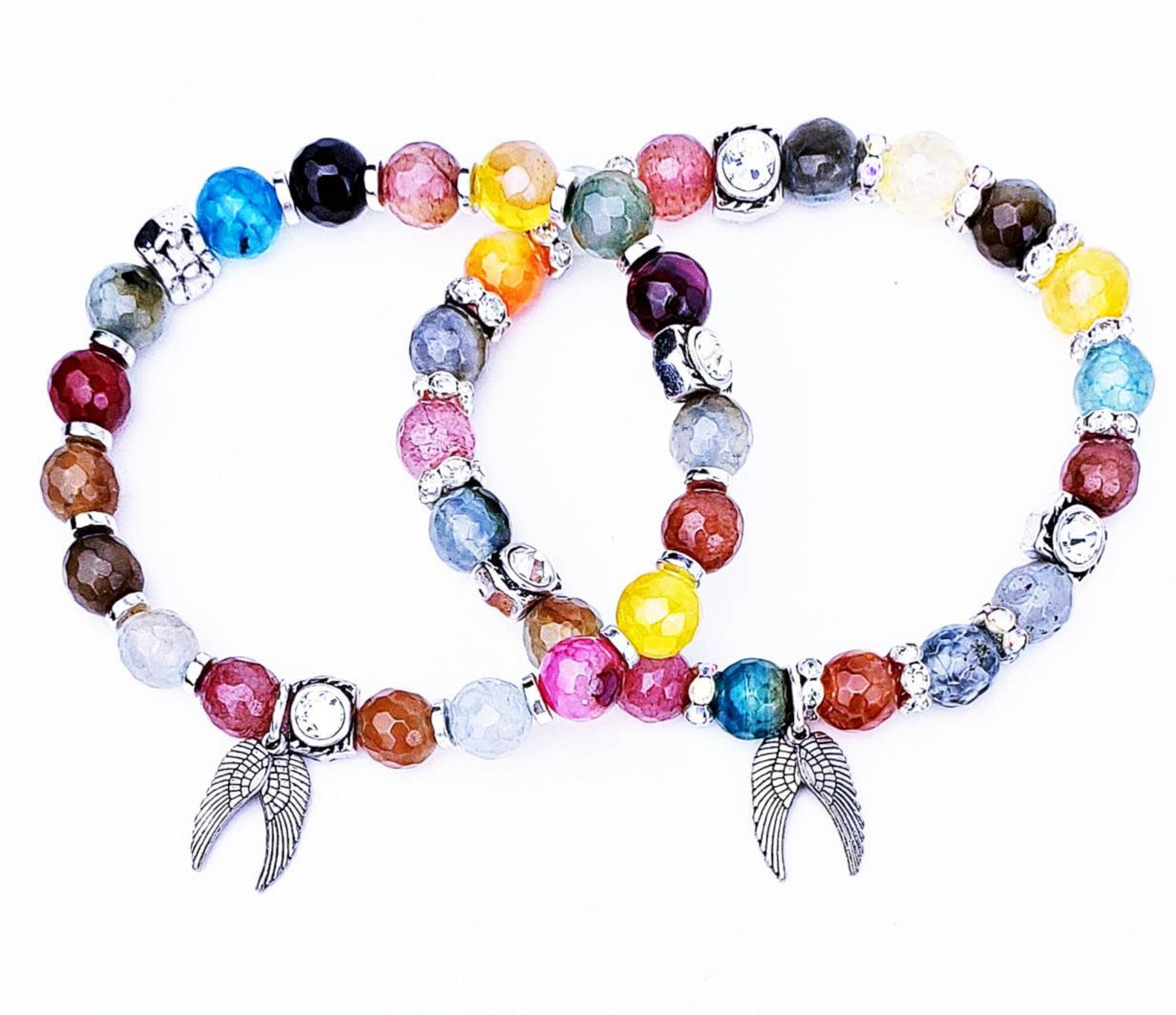 Multicolored Agate Gemstone Bracelet Silver Angel Wing Charm | Etsy