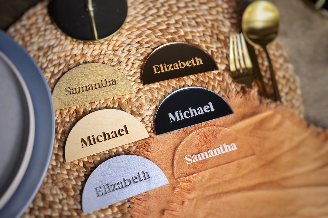 Half Circle Place Cards, Wedding Place Tag, Wooden Name Tags, Acrylic ...