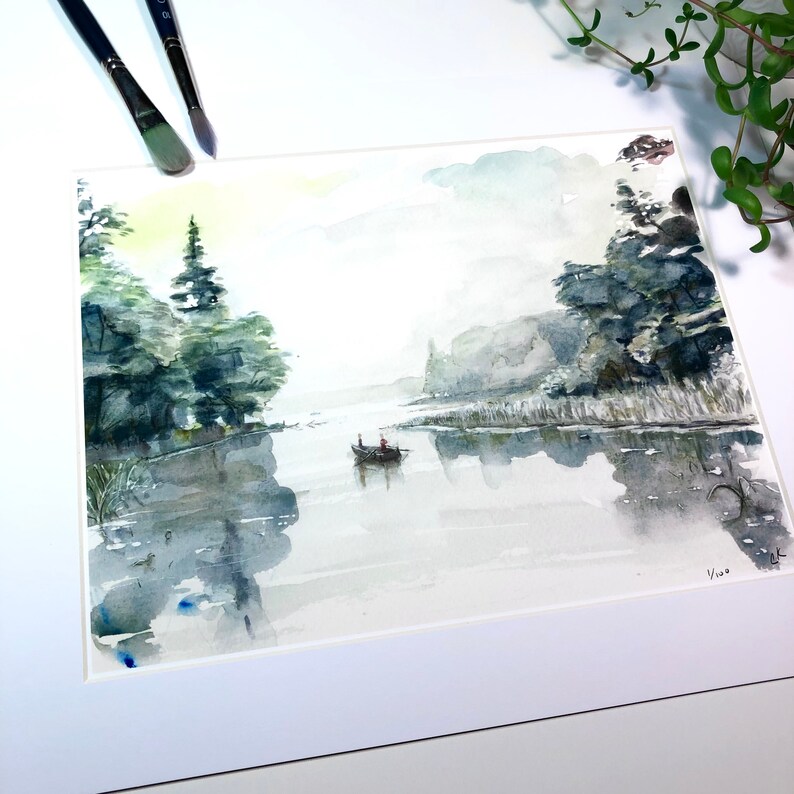 Lake Landscape Watercolor Painting Print - Etsy