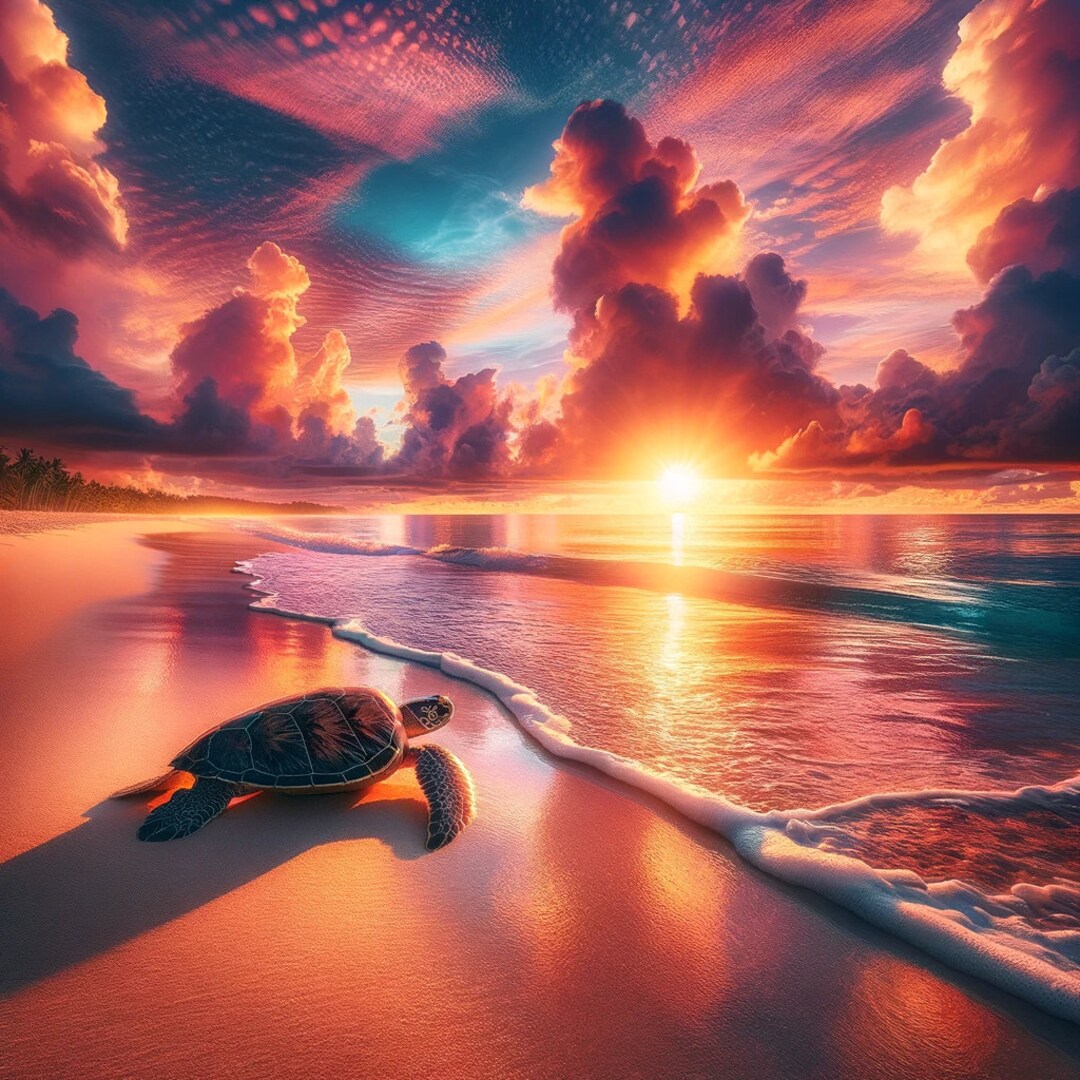 Sea Turtle Sunrise Beach Art Print (digital Download) - Etsy