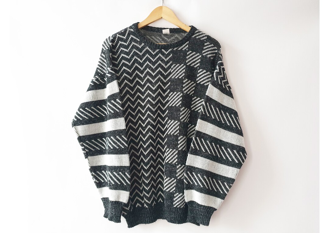 Vintage 1980s Knit Sweater, Op Art Geometric Pattern, Crew Neck ...