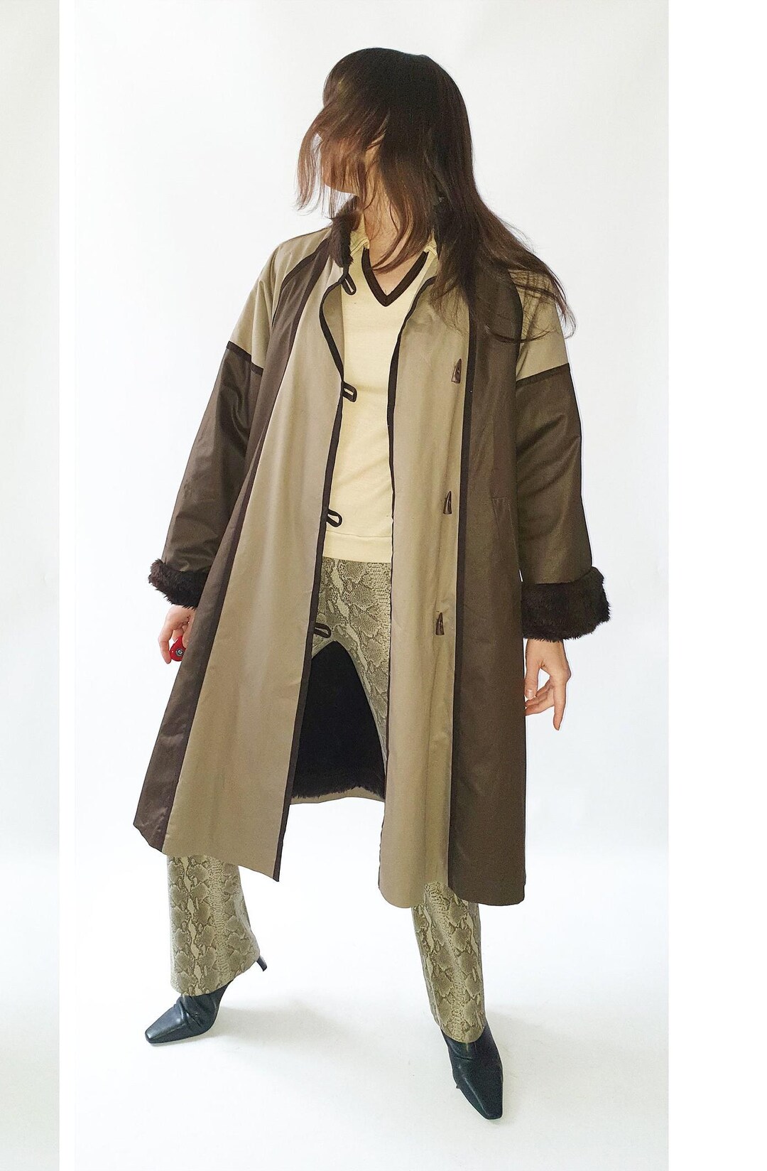 Mondrian Long Coat, 80s New Wave Trench, Retro Faux Fur Cuff Jacket - Etsy