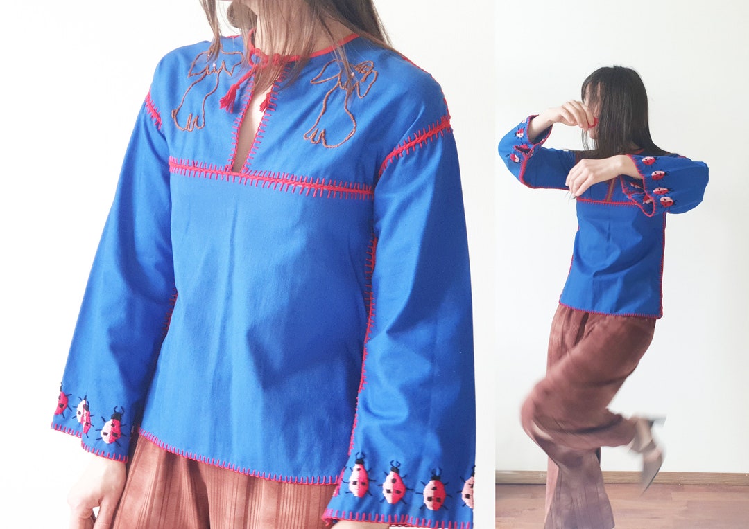 Vintage Scandinavian Folk Blouse, Ladybugs and Puppies Embroidered Boho ...