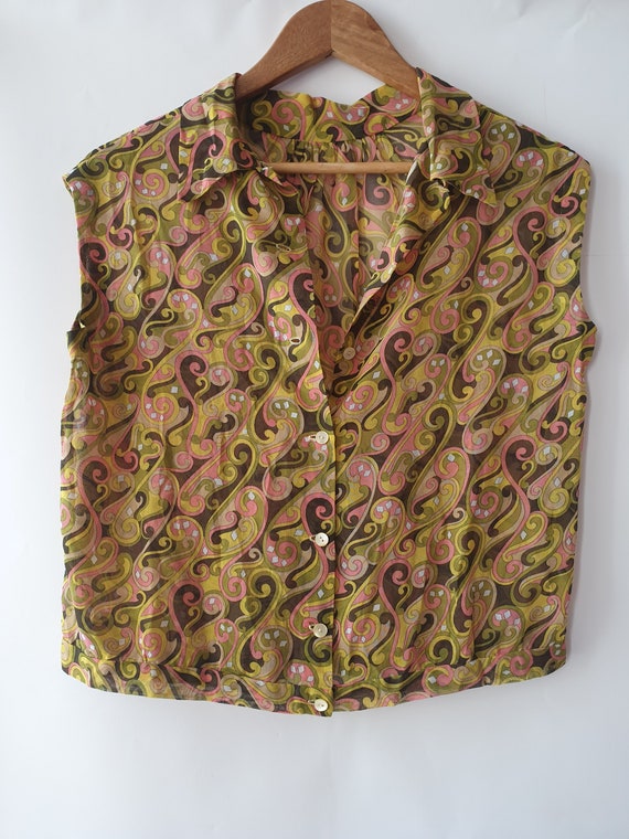 Vintage 1970s Psychedelic blouse, 1970s sheer crop to… - Gem
