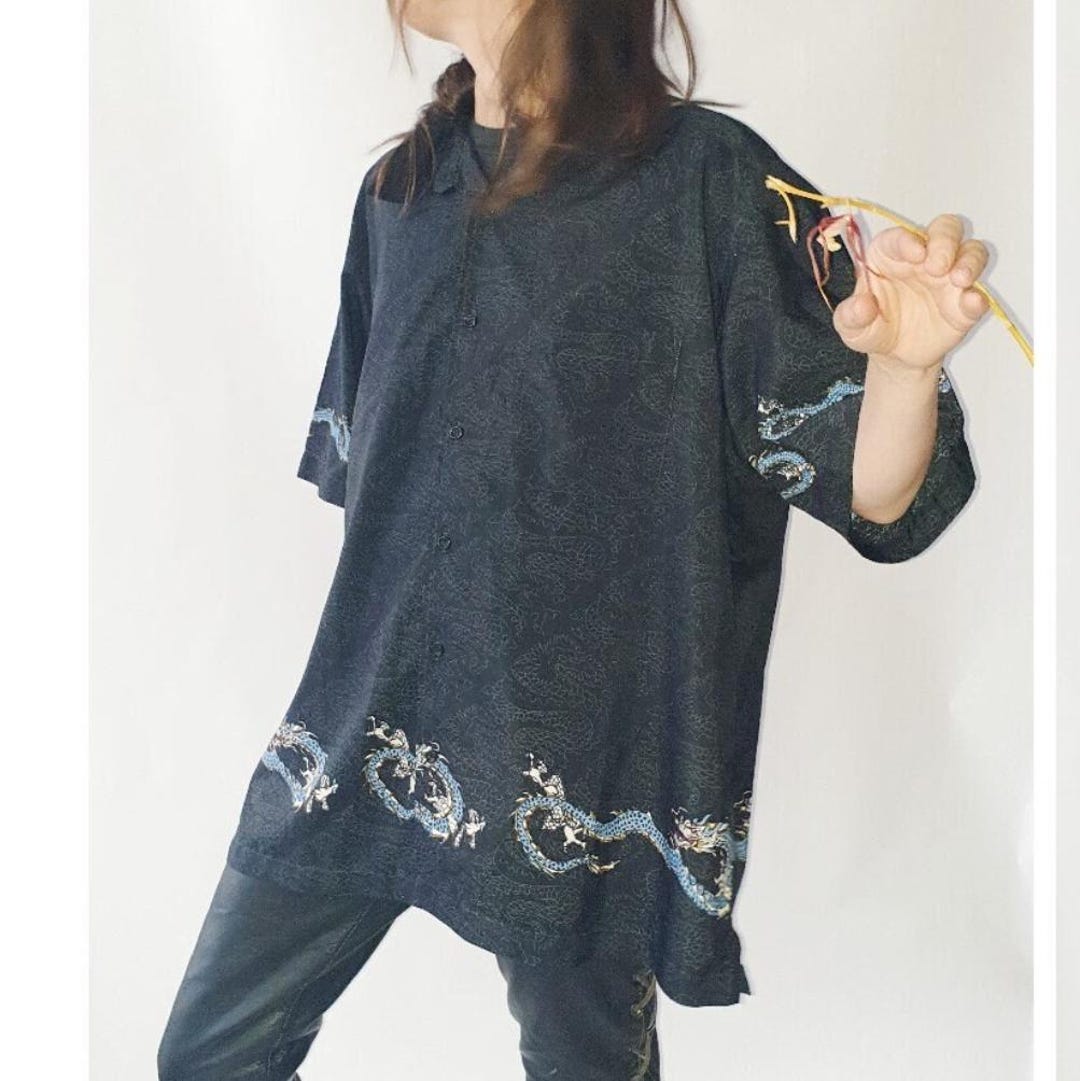 Vintage Black Y2K Dragon Print Flame Rave Button-up Shirt Top XXL - Etsy