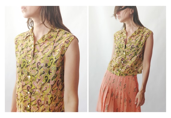 Vintage 1970s Psychedelic blouse, 1970s sheer crop to… - Gem