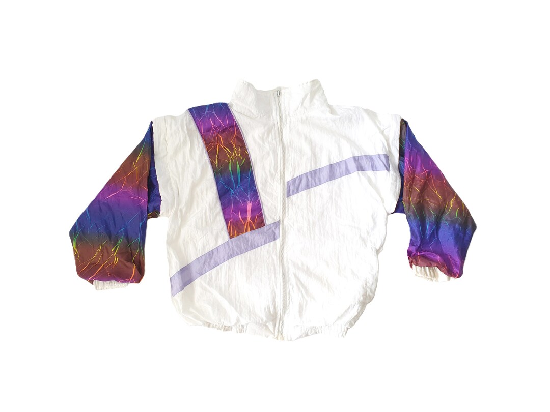 Vintage 80s Iridescent Sleeve Windbreaker | Retro White Track Jacket S ...