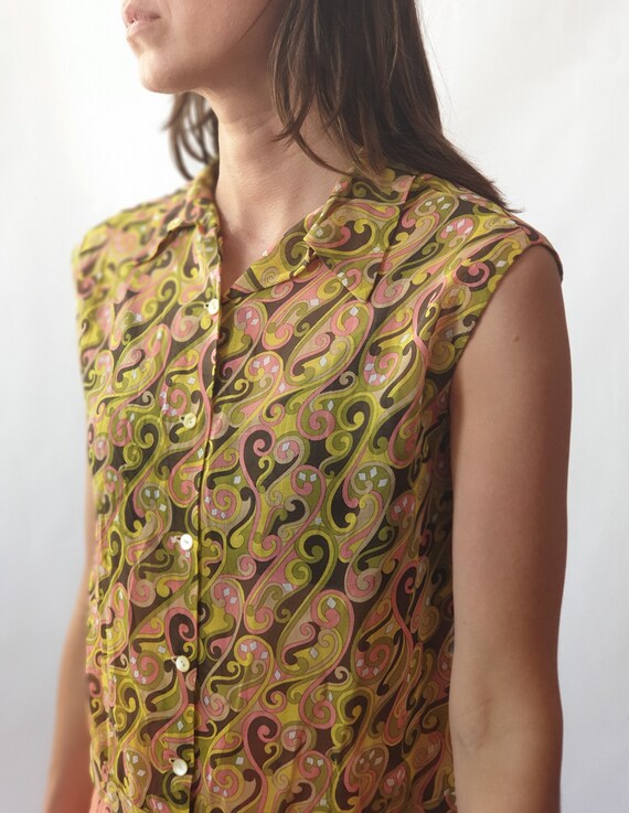Vintage 1970s Psychedelic blouse, 1970s sheer crop to… - Gem