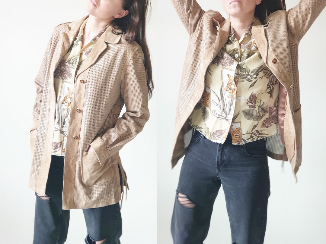 Vintage Pinhole Leather Jacket, Sunflower Embroidered Coat, Perforated ...