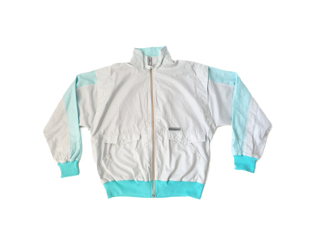 Vintage 70s Track Jacket Windbreaker – Pastel Gray & Turquoise Bomber S ...