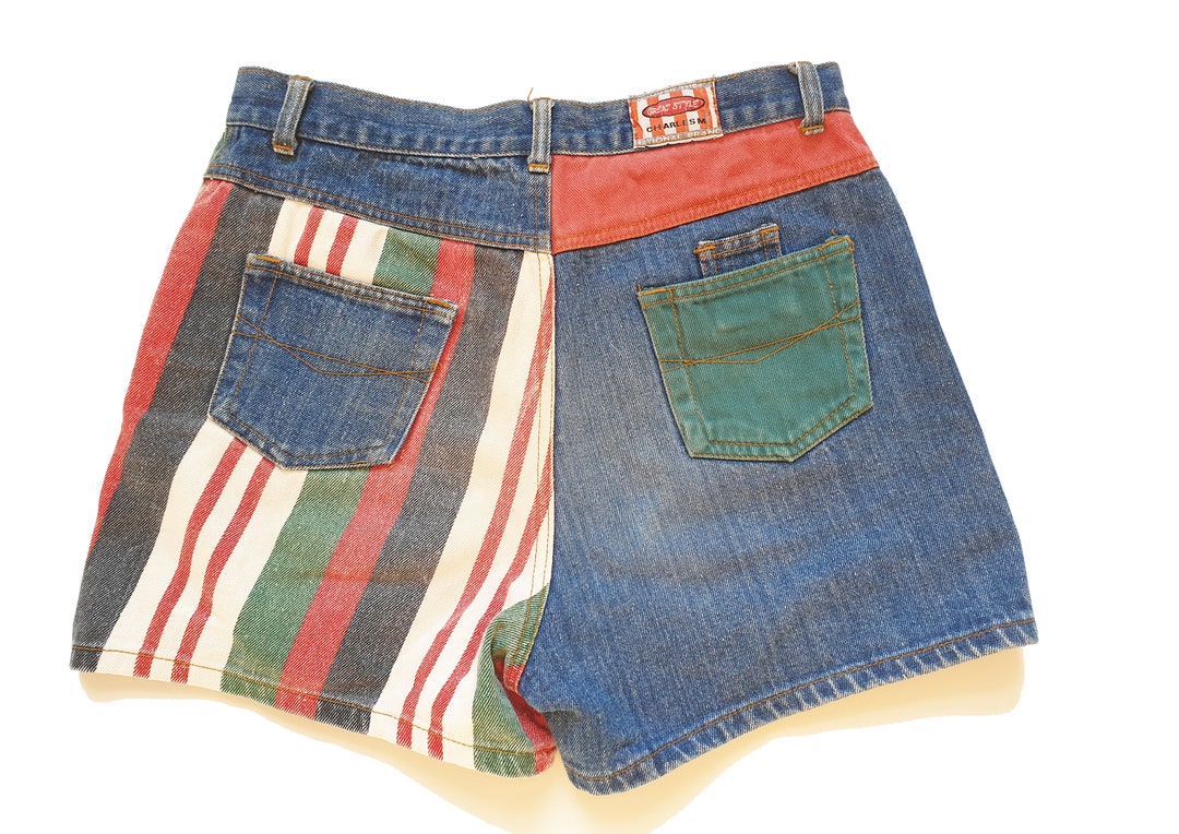 Vintage 90s Color Block Striped & Blue Denim Mini Booty Shorts - Etsy