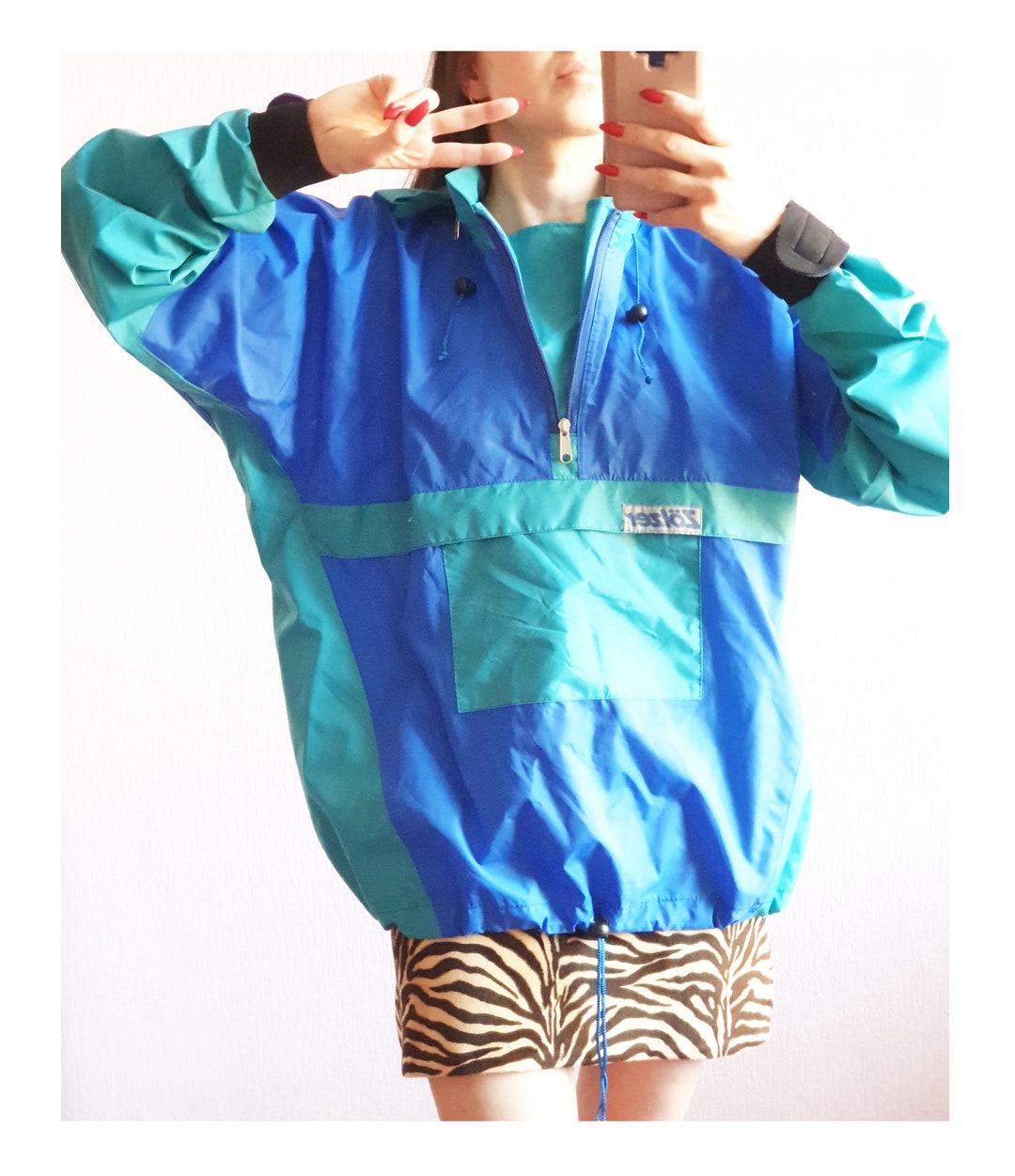 Vintage Color Block Raincoat, Rain Jacket, Festival, Camping, Travel ...