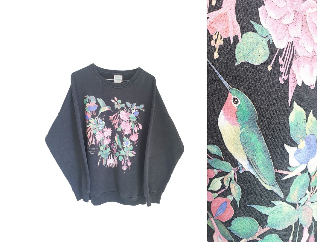1980s 1990s Hummingbird Floral Print Sweatshirt / Crewneck Pullover ...