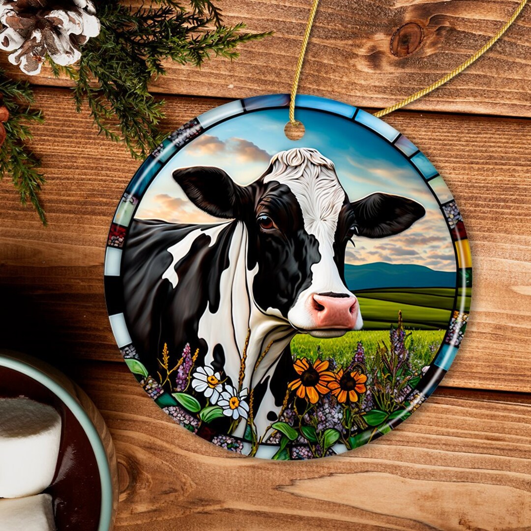 Stained Glass Bucolic Farm Cow Scene in the Pasture Ornament - Etsy