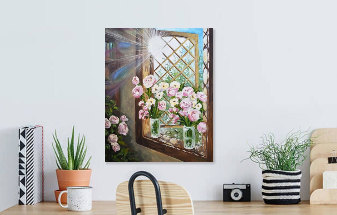 Original Window Flowers Oil Painting, Vase of Flowers Painting, Sunlit ...