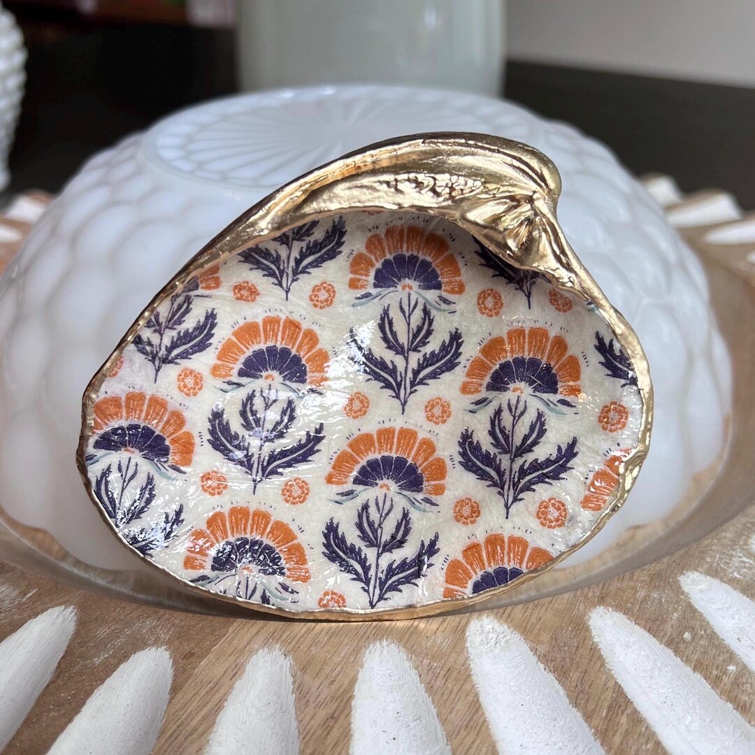 Art Deco Decoupaged Clam Shell Dish, Gold Trim, Trinket Dish - Etsy