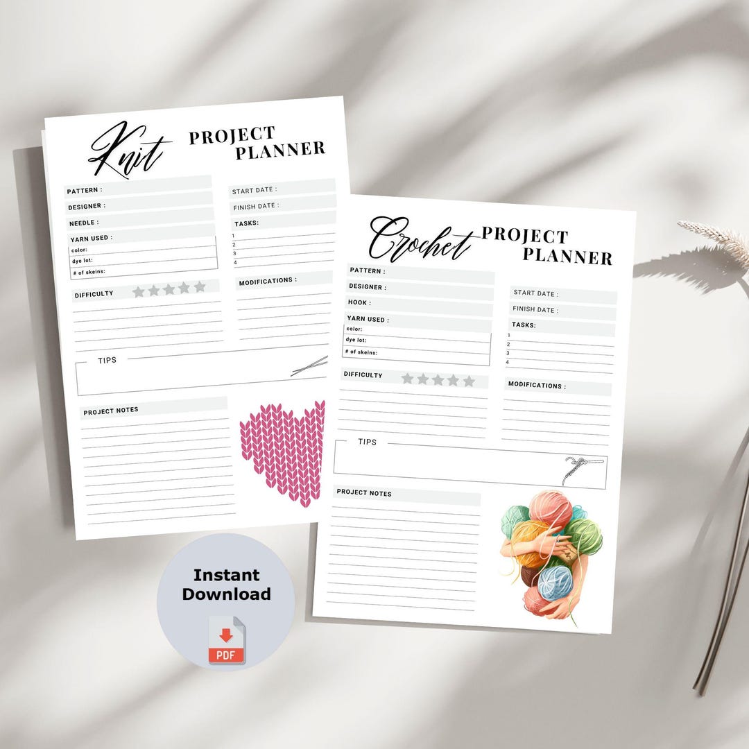 Printable Set of 2 - Knitting Crochet Notes Template, Project Planner ...