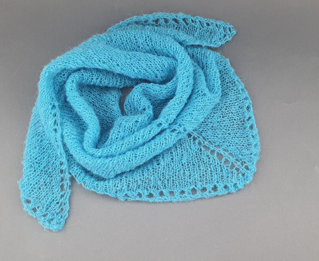 Mohair Mini Shawl Turquoise, Triangle Scarf, Hand Knitted Kerchief ...