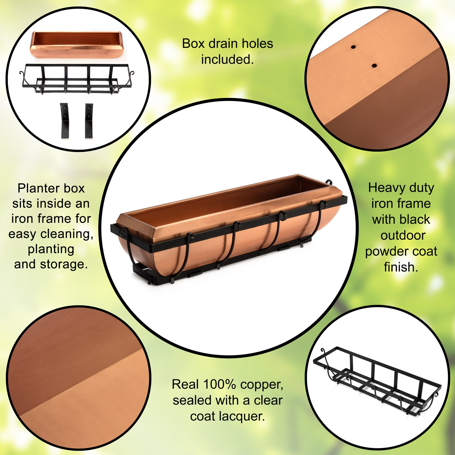 H Potter 30" Copper Window Box Metal Planter With Iron Frame & Brackets ...