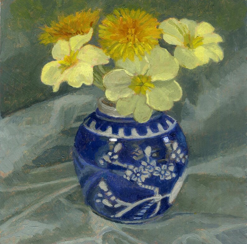 Original Oil Painting of Primroses in Chinese-style Vase, Flower ...
