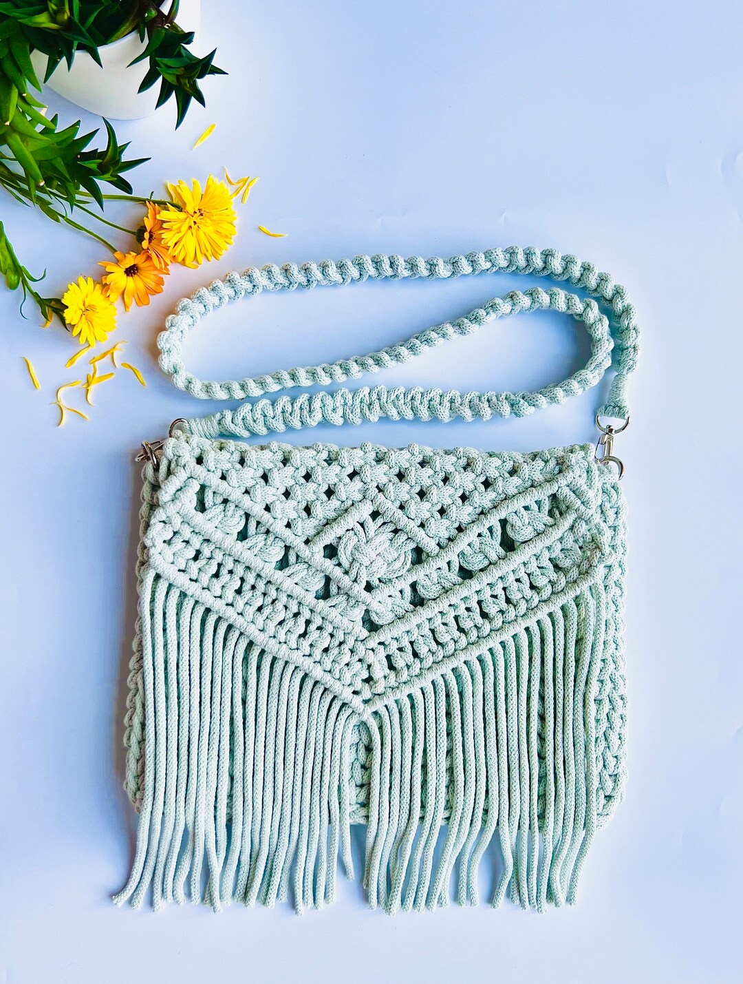 Macrame Purse Light Peppermint Green Boho Style Made From Cotton Yarn ...