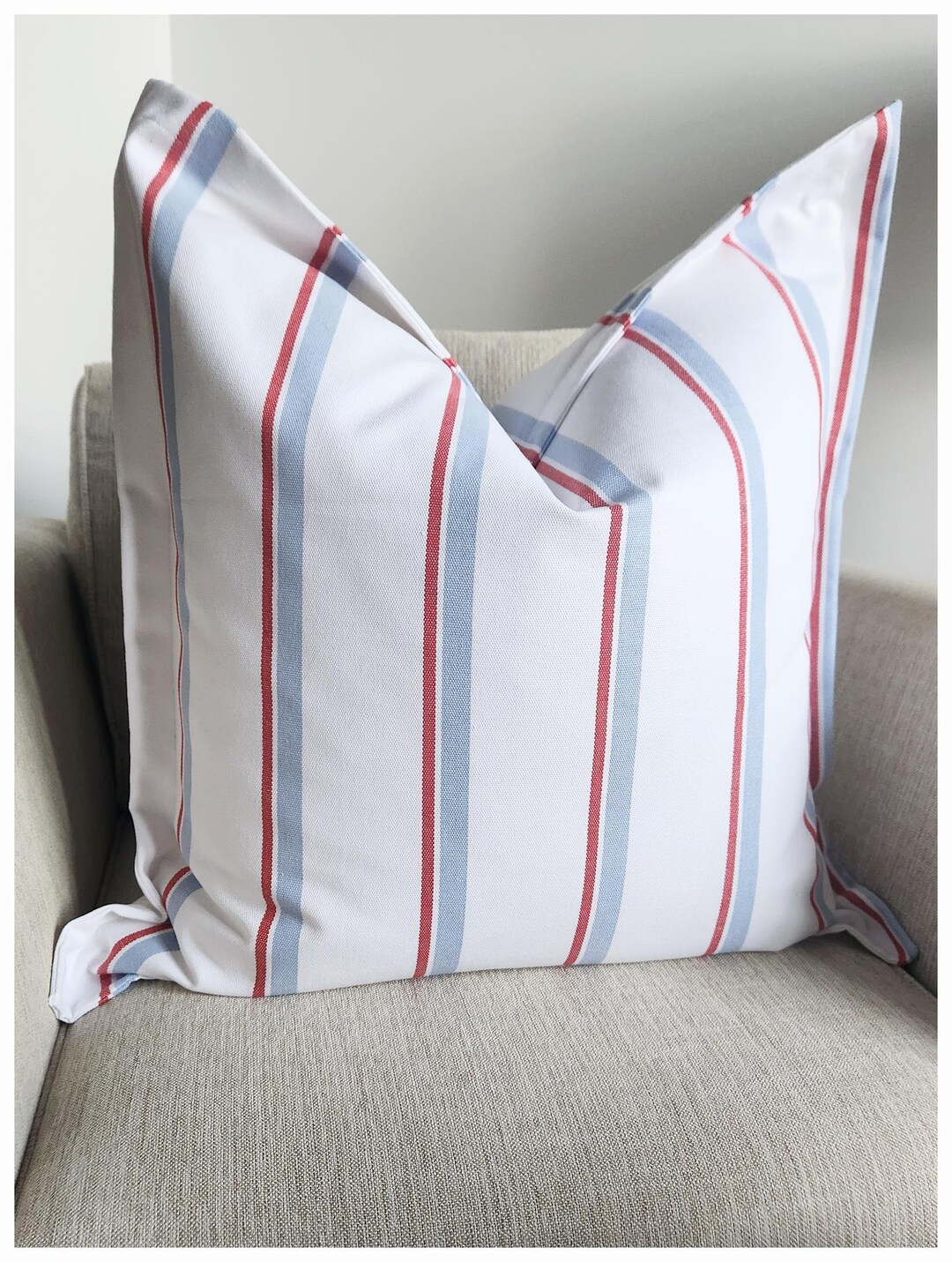 Large Square Cushion Covers, Blue and Red Stripe on White, Cotton ...