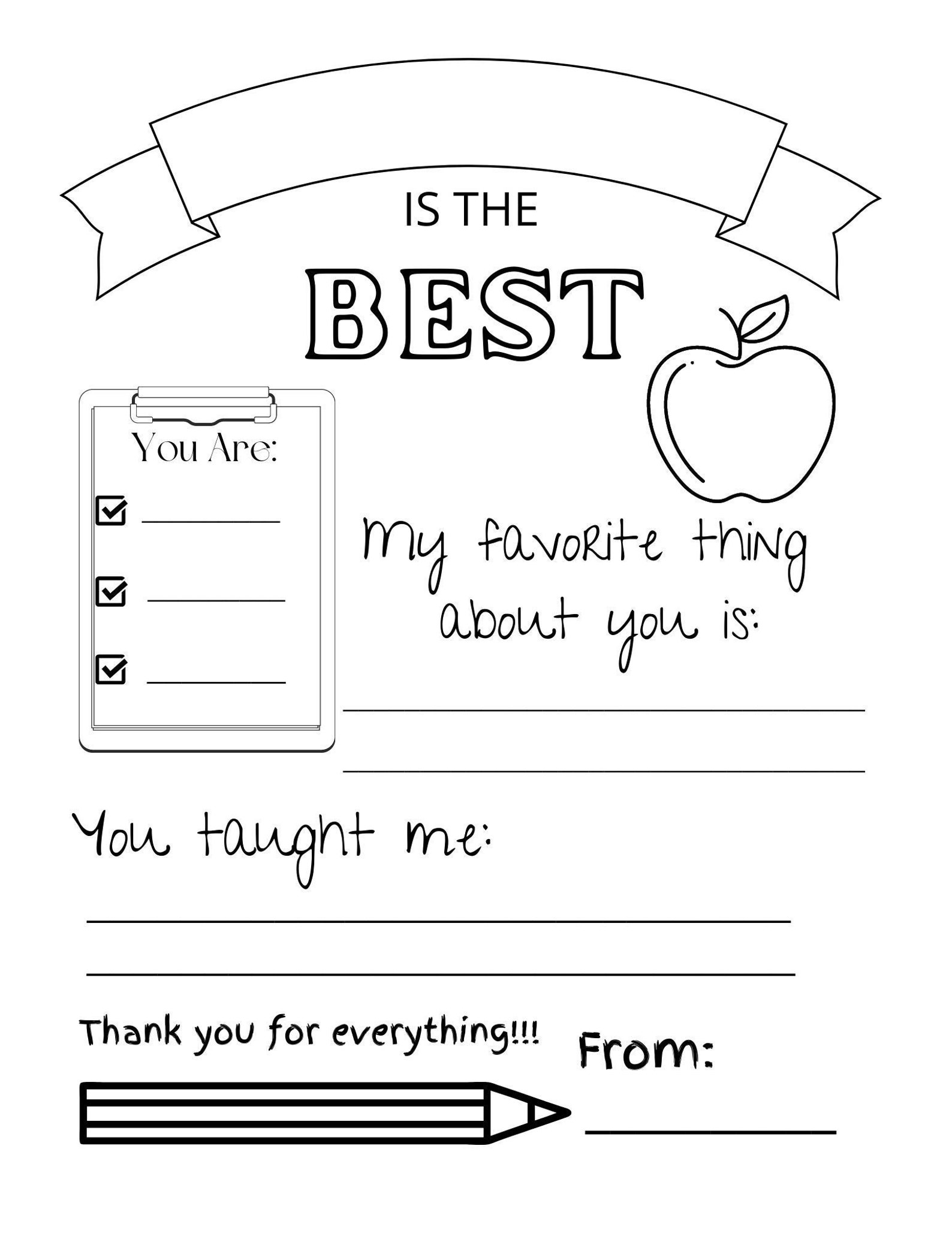 Teacher Appreciation Printable Sheet Black and White - Etsy