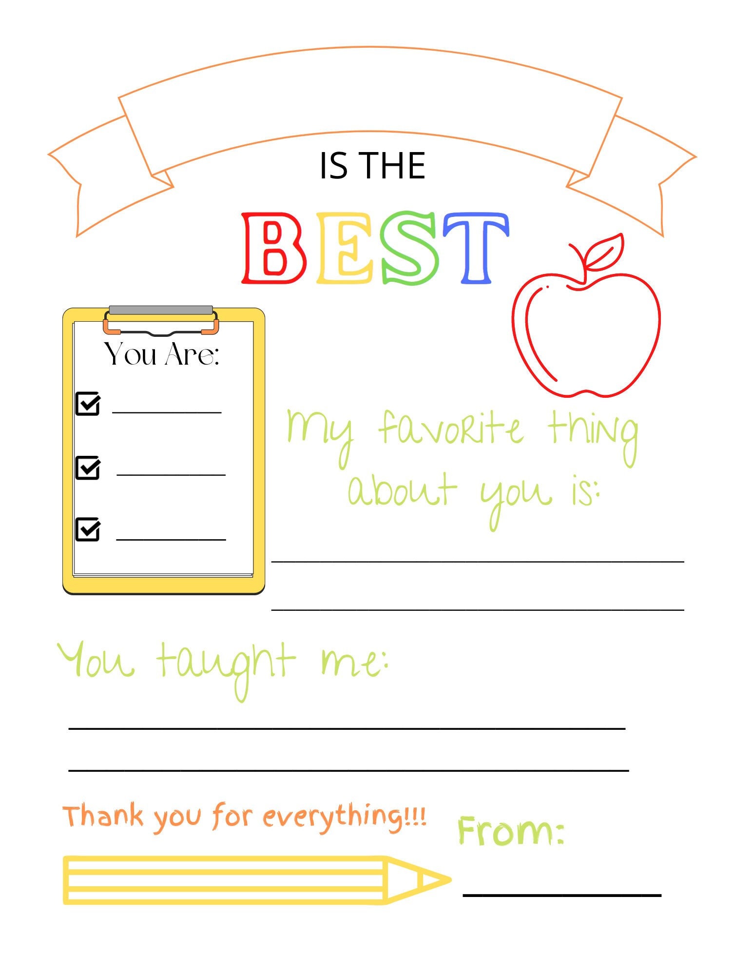 Teacher Appreciation Printable Sheet - Color - Etsy