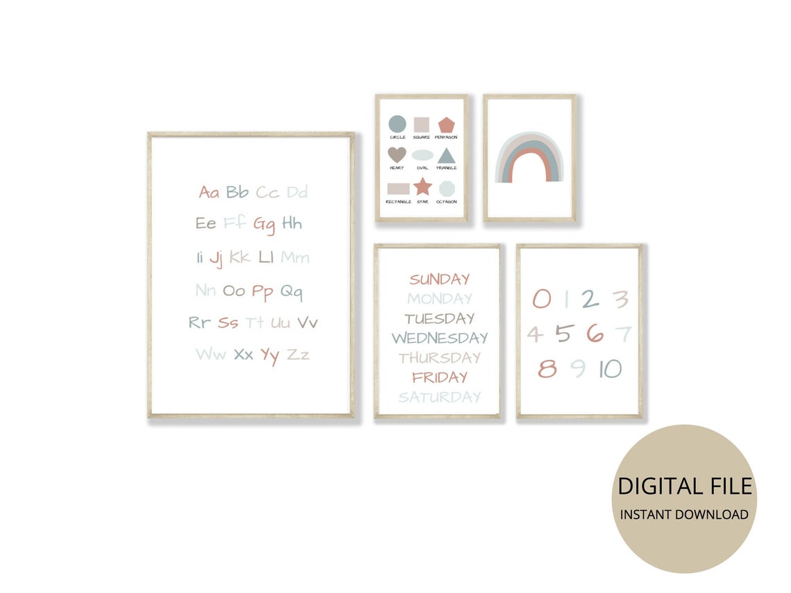 Kids Educational Posters Wall Art - Set of 5 - Alphabet - Numbers ...