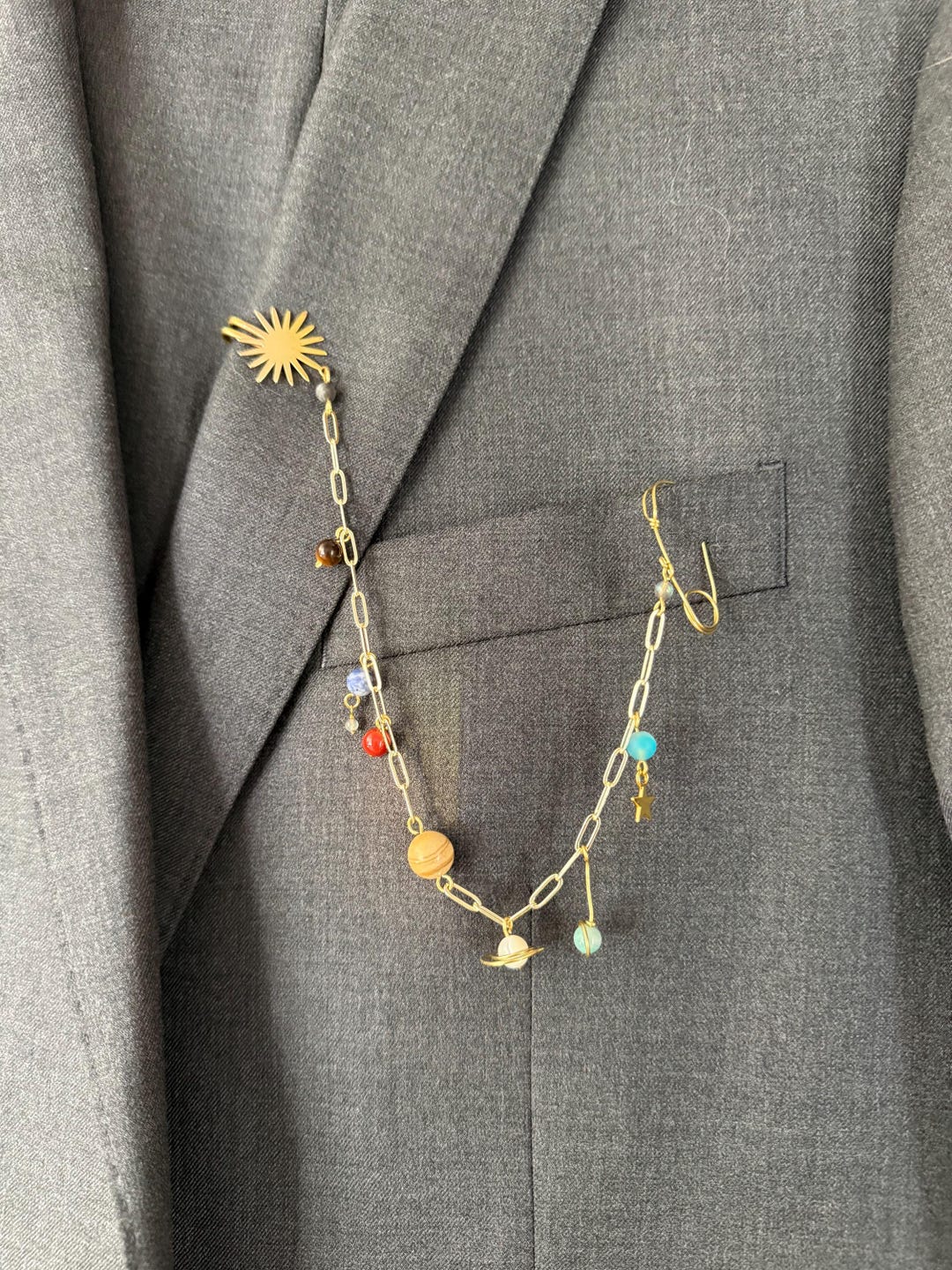 Solar System Chain Clip, Lapel Pin, Brass & Crystal Planet Charm ...