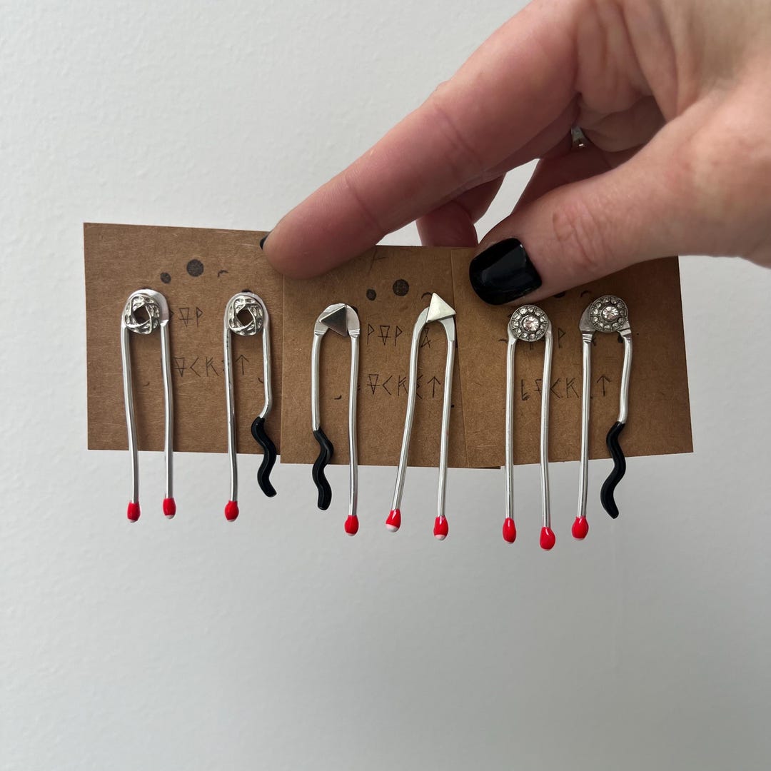 Match Stick Ear Jacket Earrings, Asymmetrical Earrings, Burnt Match ...