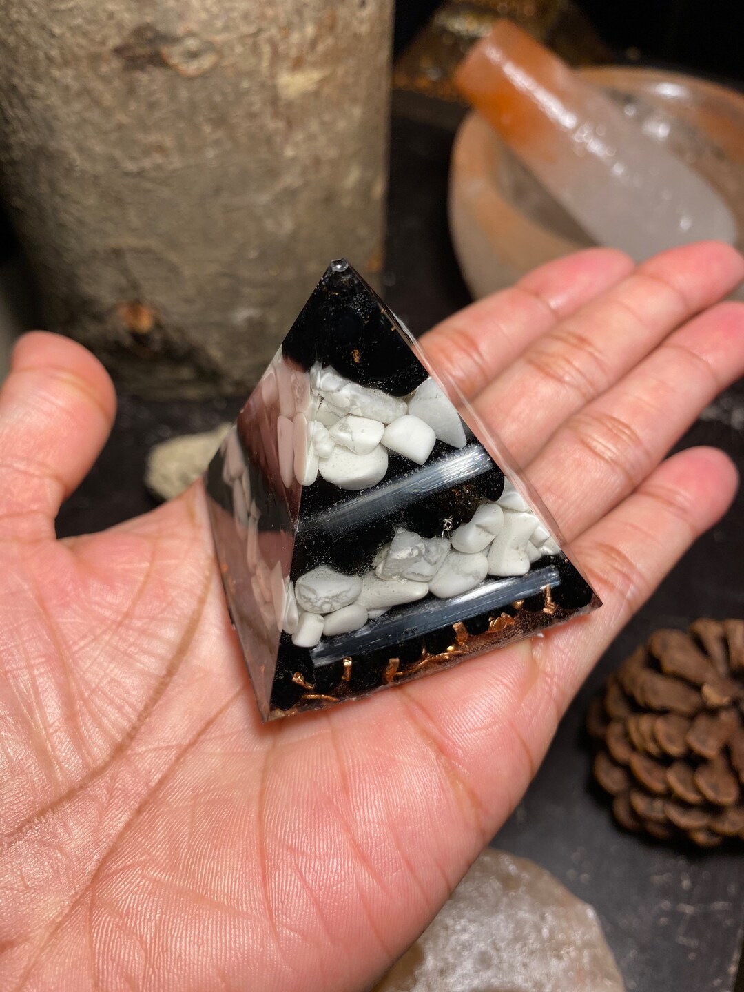 Yin Yang Talisman Pyramid - Black Tourmaline ~ Howlite ~ Selenite ...