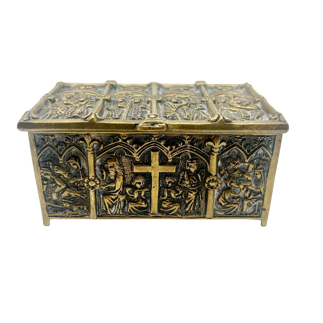Antique Early 20thc Heavy Brass Oak Lined Religious Casket Birth of ...