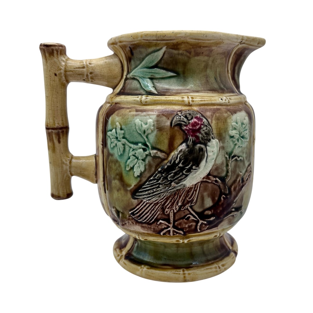 Antique Majolica Jug - Pitcher - Birds - Bamboo Formed Handle - Home ...