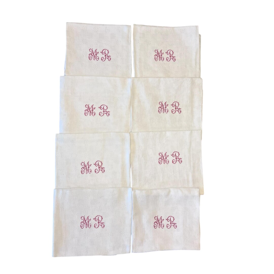 Antique Large French White Linen Serviette/napkin With Red Monogram "m ...