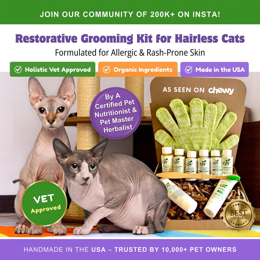 Organic Hairless Cat Grooming Kit | for Sensitive to Dry Skin | Natural ...